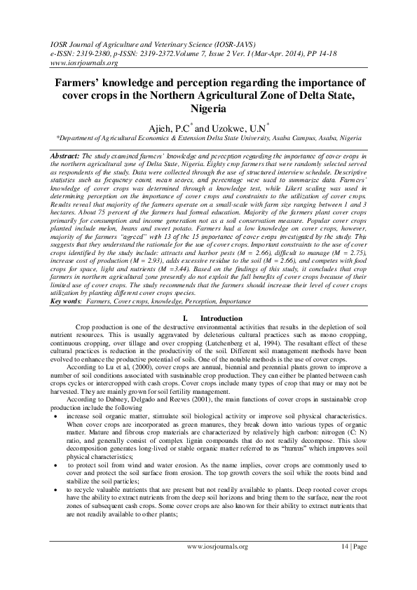 (PDF) Farmers’ knowledge and perception regarding the importance of cover crops in the Northern ...