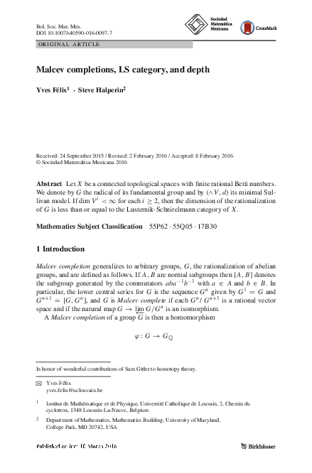 (PDF) Malcev completions, LS category, and depth