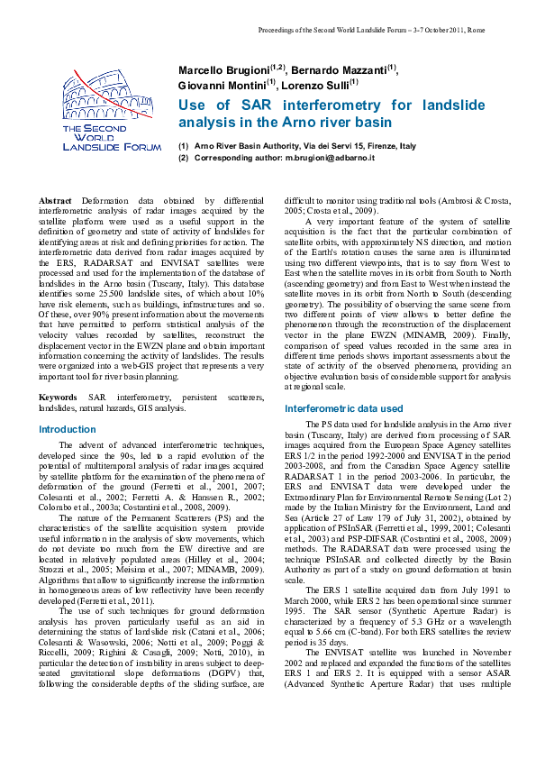 Pdf Use Of Sar Interferometry For Landslide Analysis In The Arno