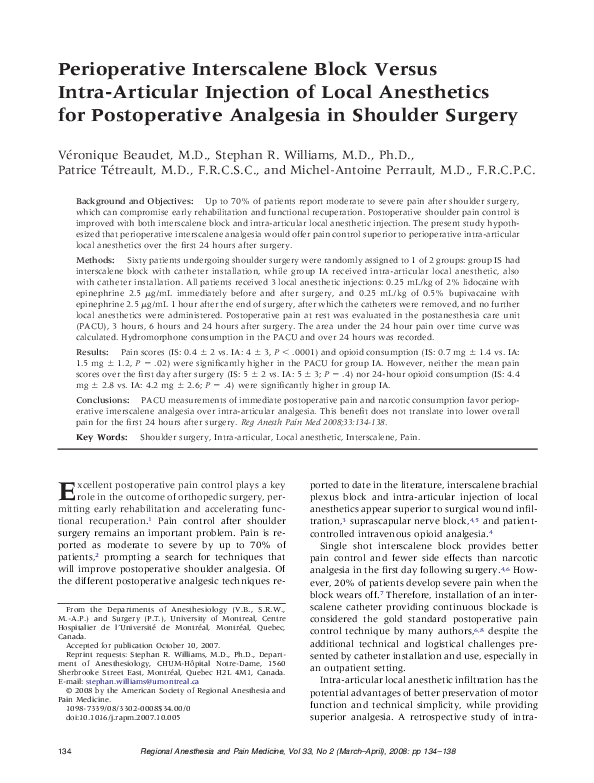 (PDF) Perioperative Interscalene Block Versus Intra-Articular Injection ...