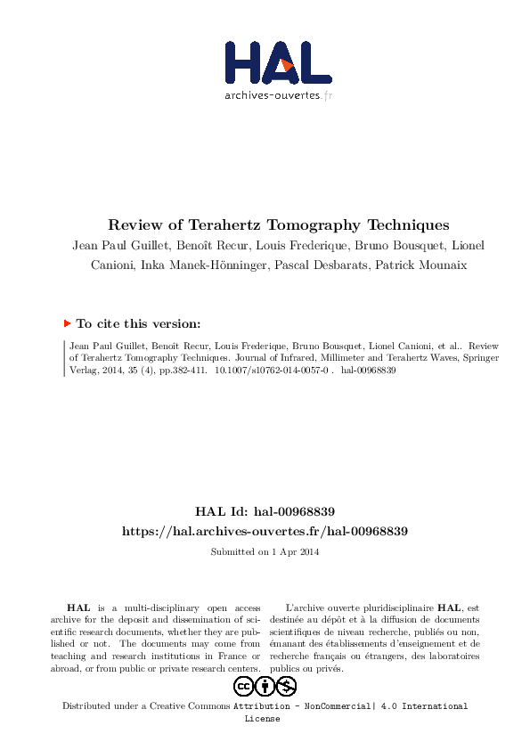 (PDF) Review of Terahertz Tomography Techniques