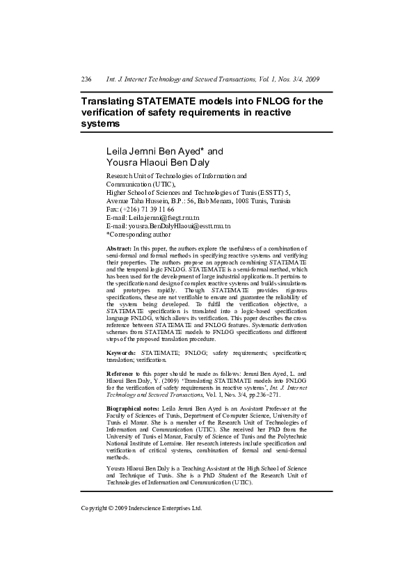 Pdf Translating Statemate Models Into Fnlog For The Verification Of Safety Requirements In