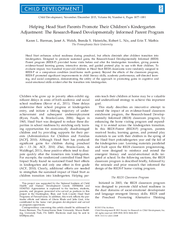 (PDF) Helping Head Start Parents Promote Their Children's Kindergarten Adjustment: The Research ...