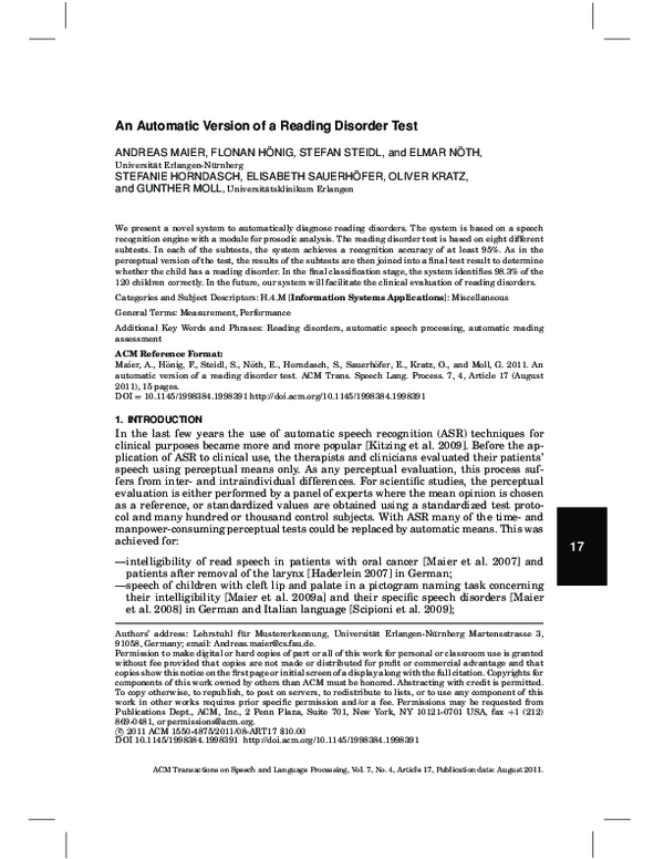 (PDF) An automatic version of a reading disorder test