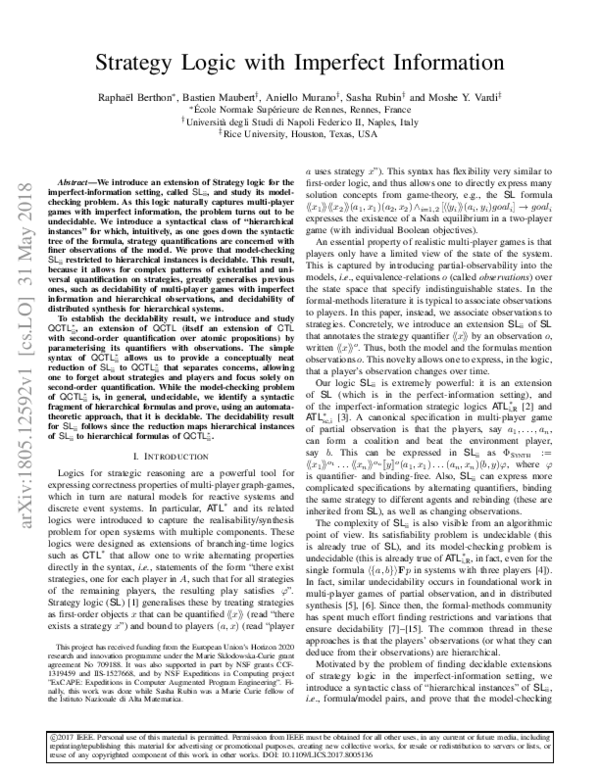 (PDF) Strategy Logic with Imperfect Information | Aniello Murano - Academia.edu