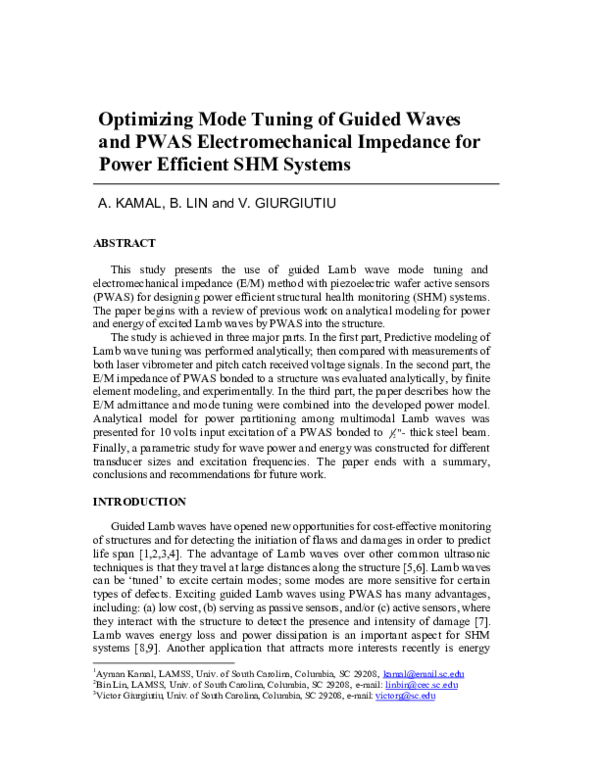 (PDF) Optimizing Mode Tuning of Guided Waves and PWAS Electromechanical ...