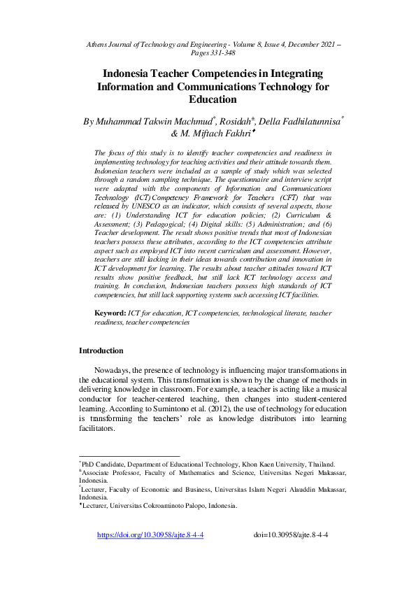 (PDF) Indonesia Teacher Competencies in Integrating Information and Communications Technology ...