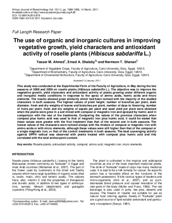 (PDF) The use of organic and inorganic cultures in improving vegetative growth, yield characters ...