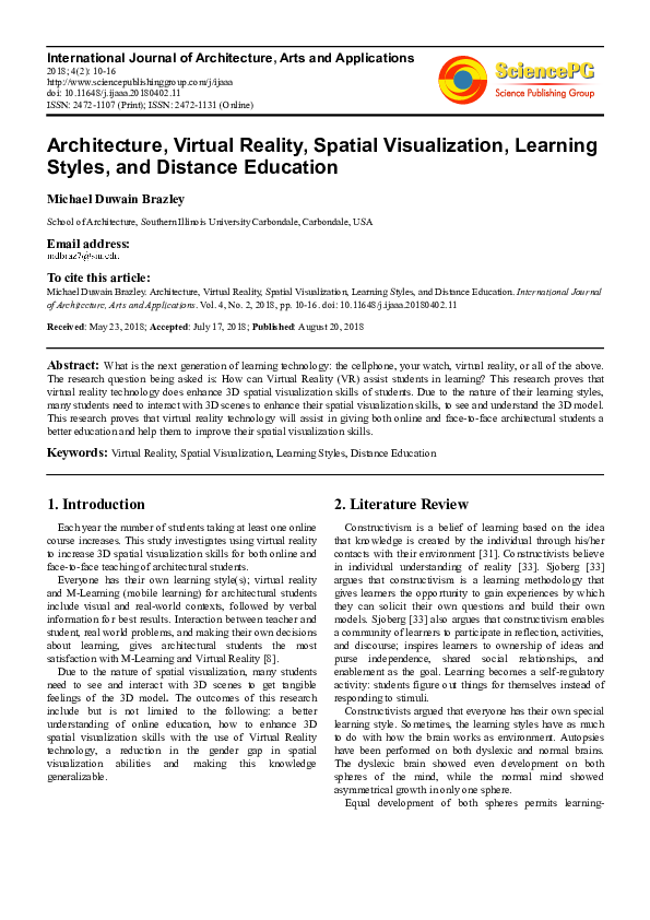 (PDF) Architecture, Virtual Reality, Spatial Visualization, Learning ...