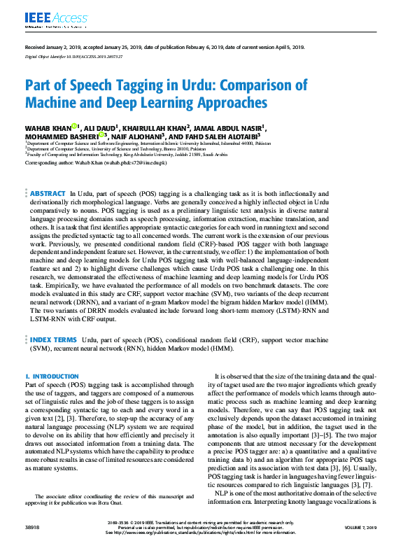 Pdf Part Of Speech Tagging In Urdu Comparison Of Machine And Deep Learning Approaches