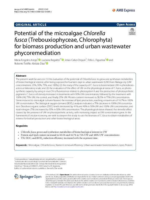 (PDF) Potential of the microalgae Chlorella fusca (Trebouxiophyceae, Chlorophyta) for biomass ...