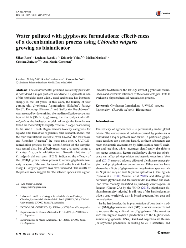 (PDF) Water polluted with glyphosate formulations: effectiveness of a decontamination process ...
