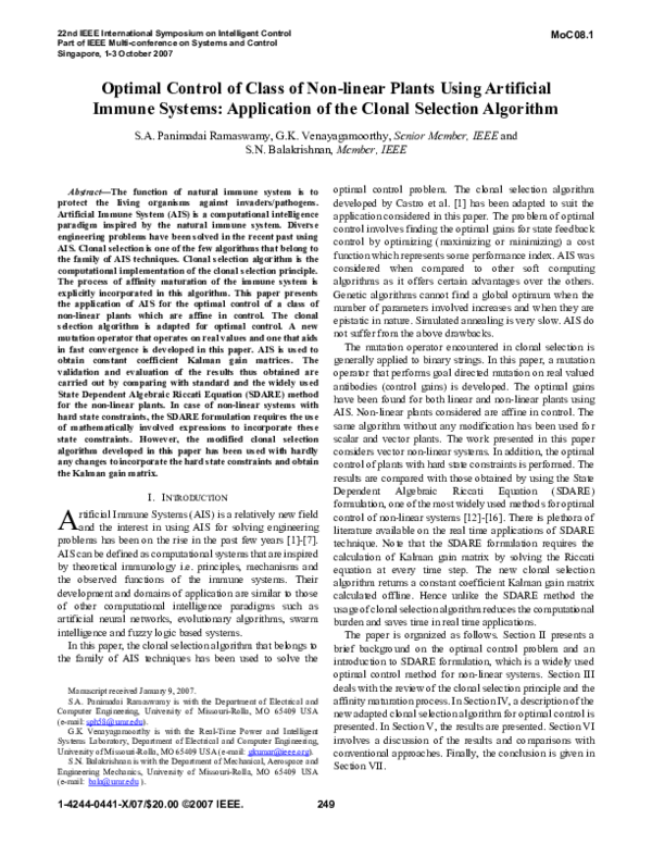 Pdf Optimal Control Of Class Of Non Linear Plants Using Artificial Immune Systems Application
