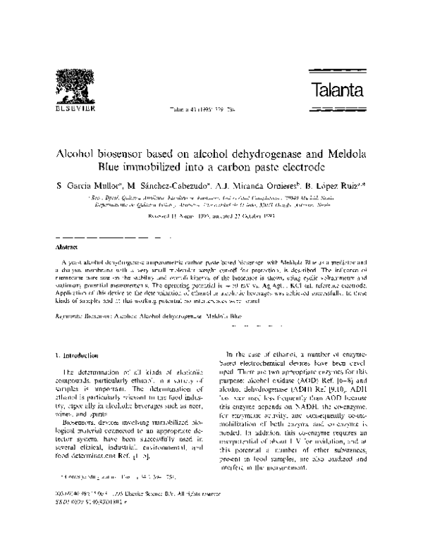 (PDF) Alcohol biosensor based on alcohol dehydrogenase and Meldola Blue ...