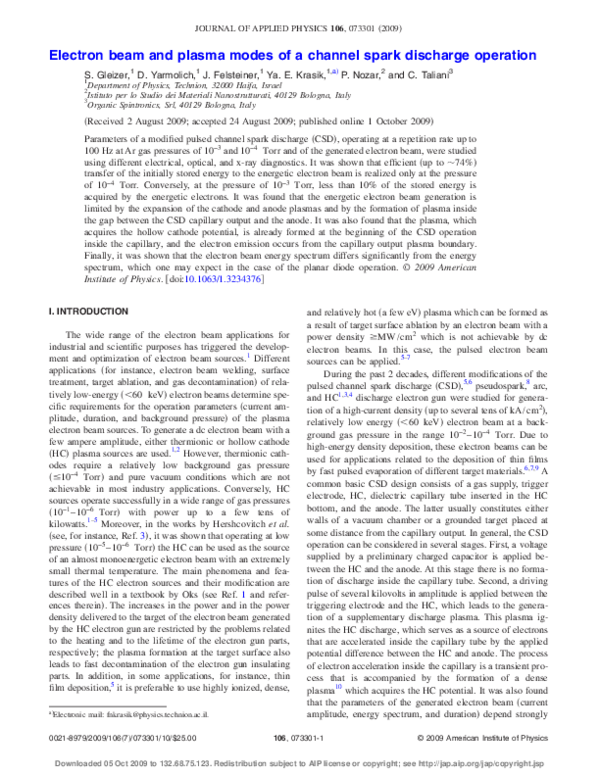 (PDF) Electron beam and plasma modes of a channel spark discharge operation