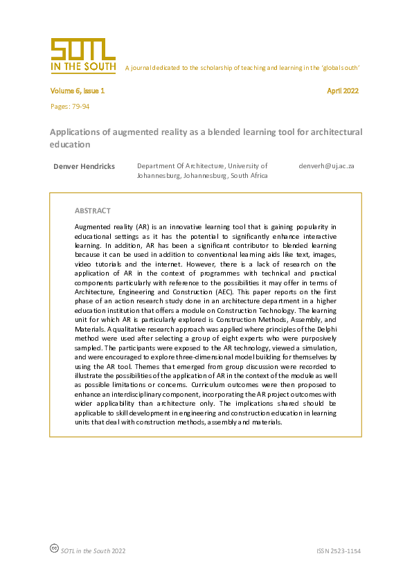 (PDF) Applications of augmented reality as a blended learning tool for architectural education