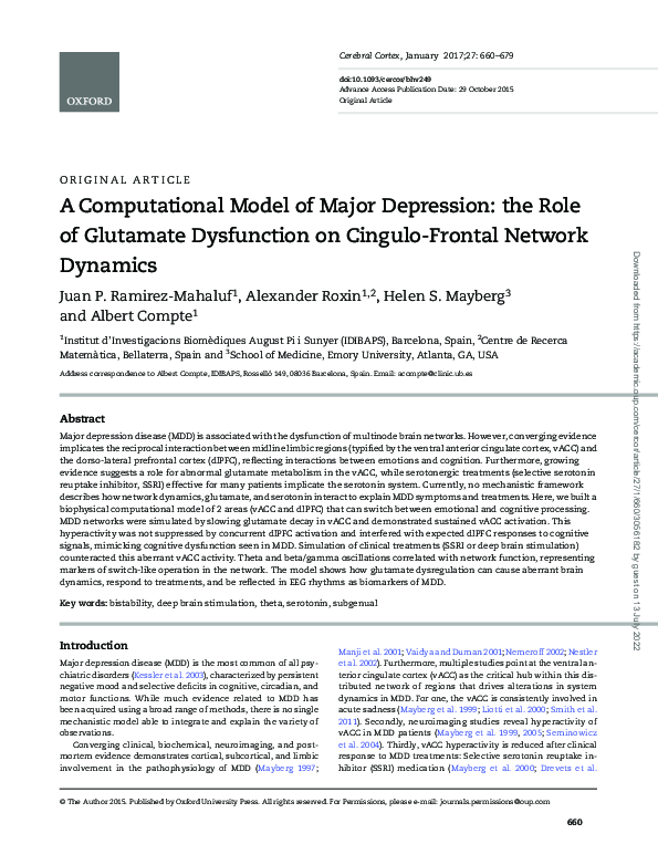 (PDF) A Computational Model of Major Depression: the Role of Glutamate Dysfunction on Cingulo ...
