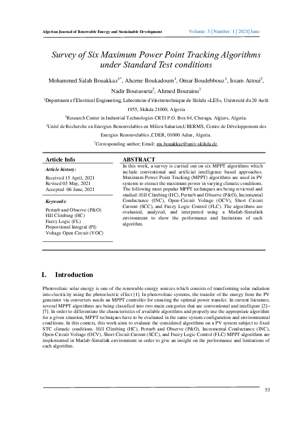 Pdf Survey Of Six Maximum Power Point Tracking Algorithms Under Standard Test Conditions 2536