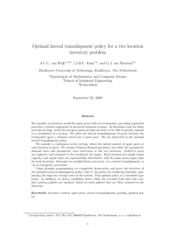 Pdf Optimal Lateral Transshipment Policy For A Two Location Inventory Problem