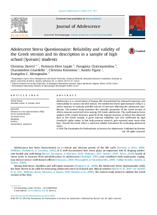 (PDF) Adolescent Stress Questionnaire: Reliability and validity of the ...