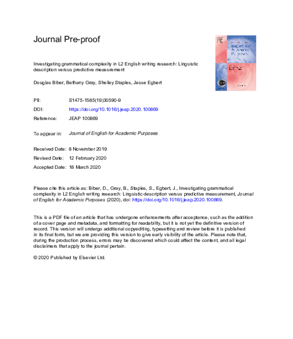 Pdf Investigating Grammatical Complexity In L2 English Writing