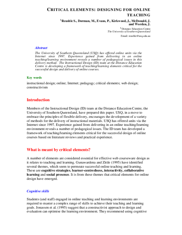 (PDF) Critical elements: Designing for online teaching