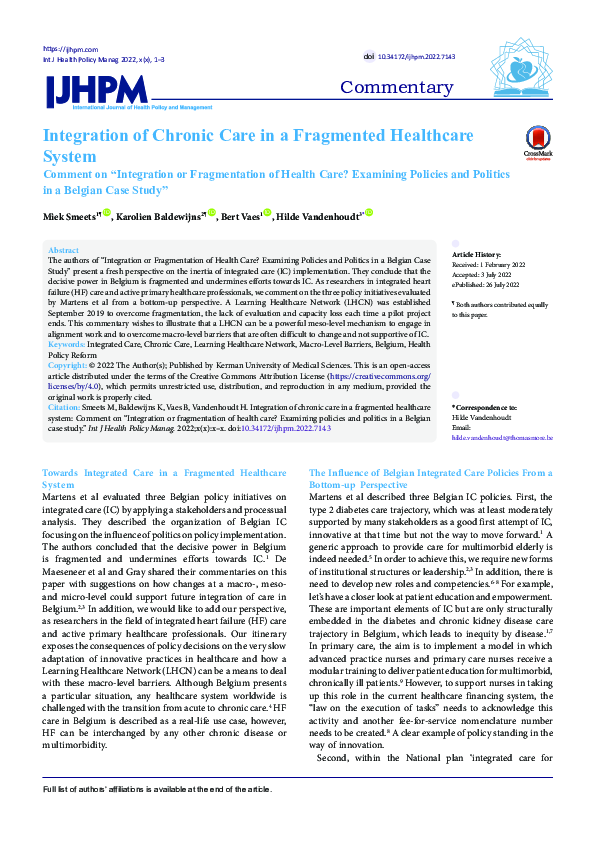 (PDF) Integration of Chronic Care in a Fragmented Healthcare System ...