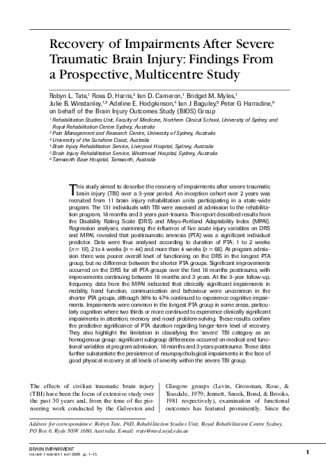 (PDF) Recovery of Impairments After Severe Traumatic Brain Injury ...