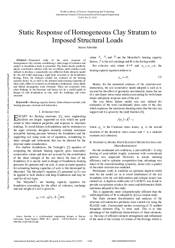(PDF) Static Response Of Homogeneous Clay Stratum To Imposed Structural ...