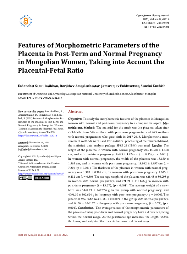 (PDF) Features of Morphometric Parameters of the Placenta in Post-Term ...