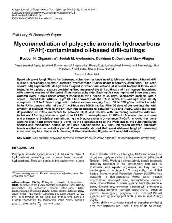 (PDF) Mycoremediation of polycyclic aromatic hydrocarbons (PAH)-contaminated oil-based drill ...