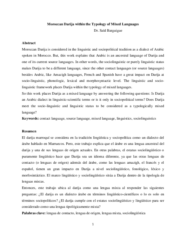 (PDF) Moroccan Darija within the Typology of Mixed Languages