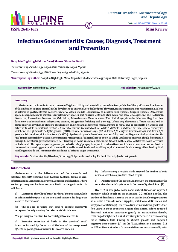(PDF) Infectious Gastroenteritis: Causes, Diagnosis, Treatmentand ...