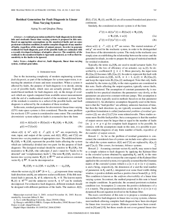 Pdf Residual Generation For Fault Diagnosis In Linear Time Varying