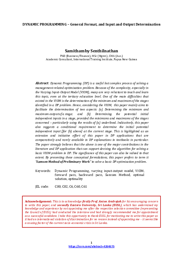 Pdf Dynamic Programming General Format And Input And Output