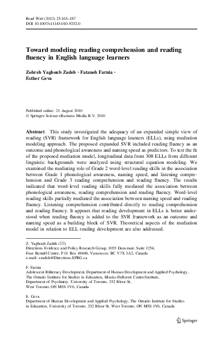 Pdf Toward Modeling Reading Comprehension And Reading Fluency In