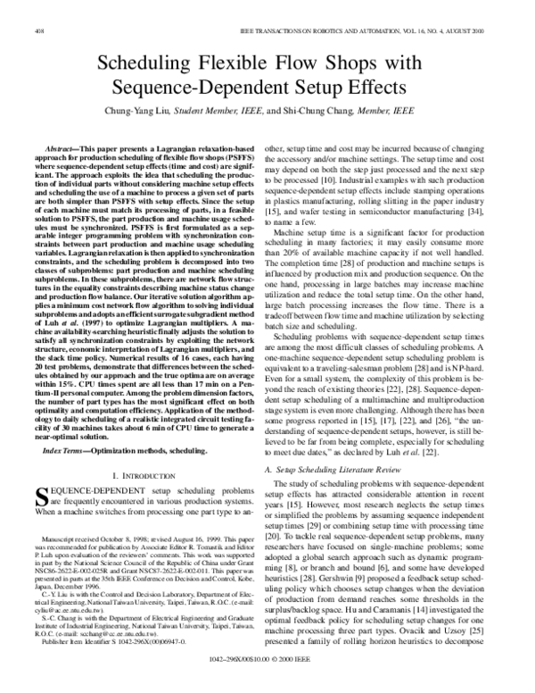 Pdf Scheduling Flexible Flow Shops With Sequence Dependent Setup Effects