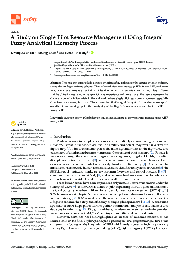 A Study on Single Pilot Resource Management Using Integral Fuzzy ...