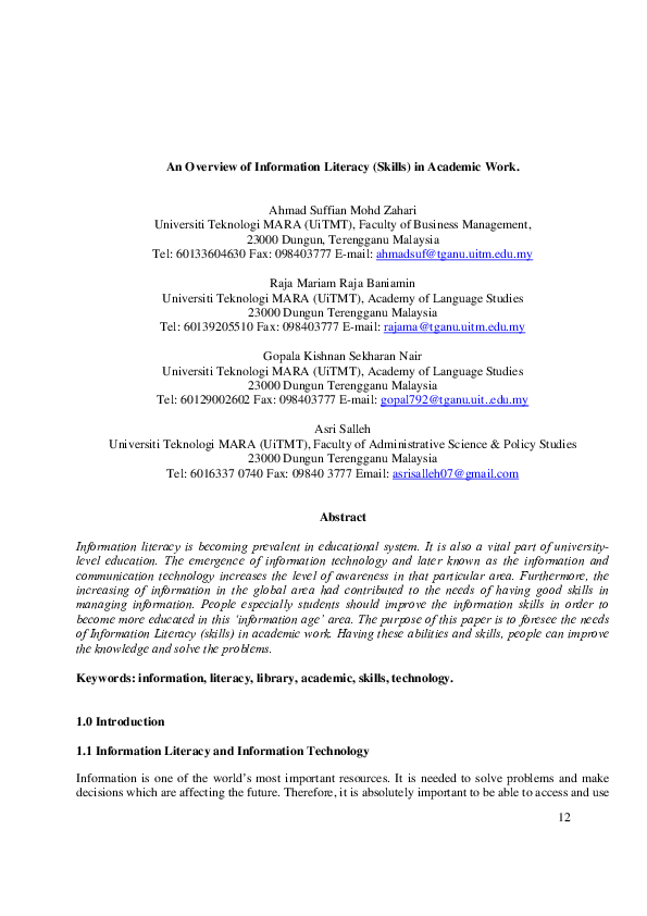 (PDF) An Overview of Information Literacy (Skills) in Academic Work