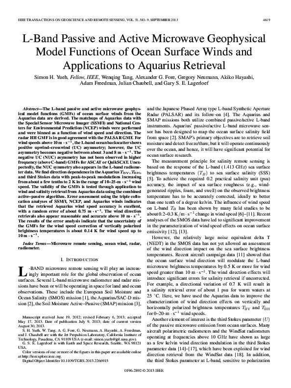 (PDF) L-Band Passive and Active Microwave Geophysical Model Functions ...