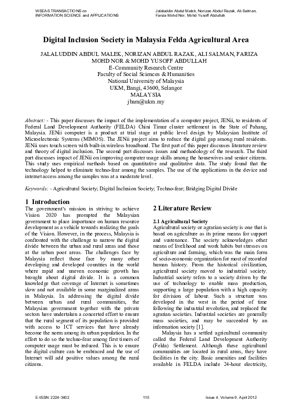 (PDF) Digital inclusion society in Malaysia FELDA agricultural area