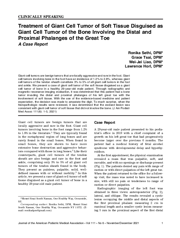 (PDF) Treatment of Giant Cell Tumor of Soft Tissue Disguised as Giant ...