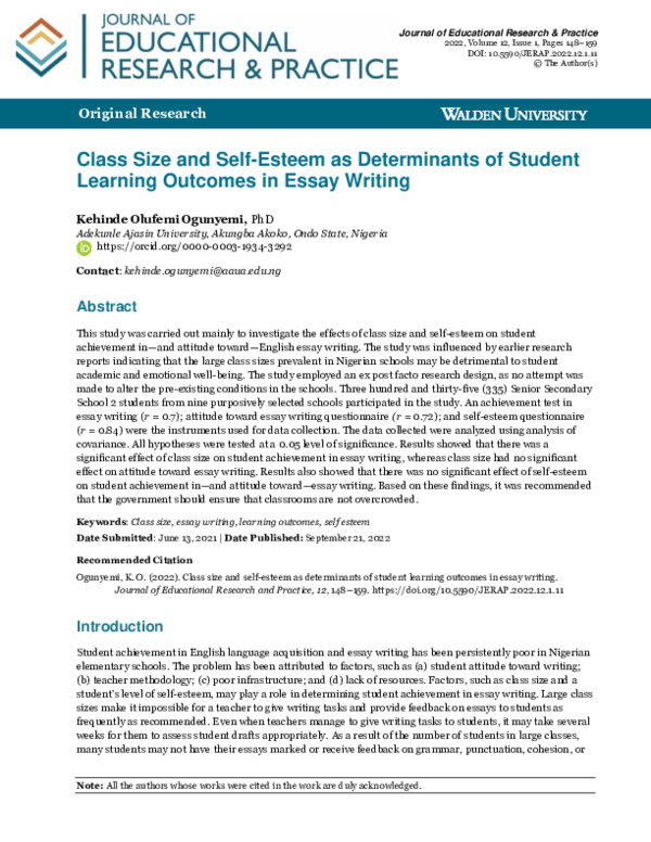 (PDF) Class Size and Self-Esteem as Determinants of Student Learning Outcomes in Essay Writing ...