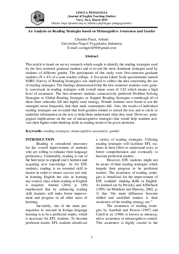 Pdf An Analysis On Reading Strategies Based On Metacognitive