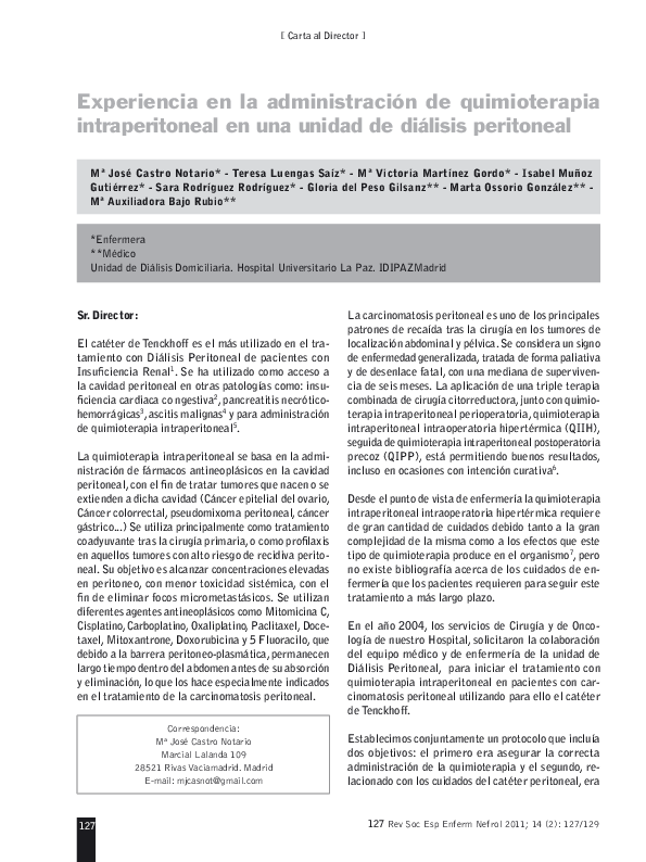 (PDF) Experiencia en la administración de quimioterapia intraperitoneal ...