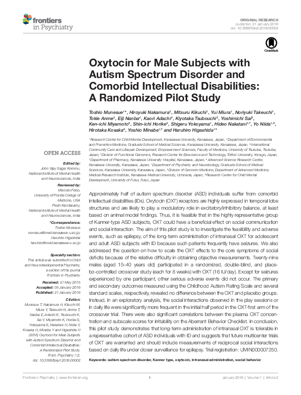 (PDF) Oxytocin for Male Subjects with Autism Spectrum Disorder and ...
