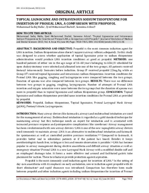 (PDF) Topical Lignocaine and Intravenous Sodium Thiopentone for ...