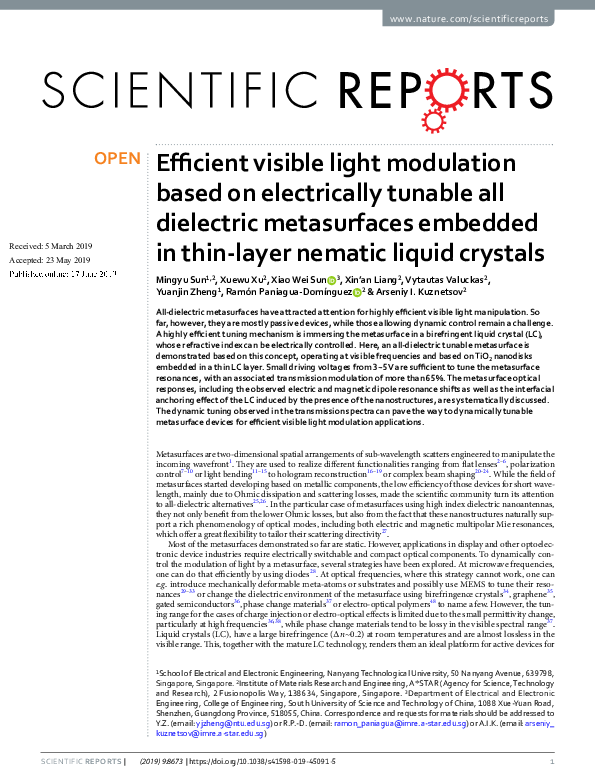 Pdf Efficient Visible Light Modulation Based On Electrically Tunable