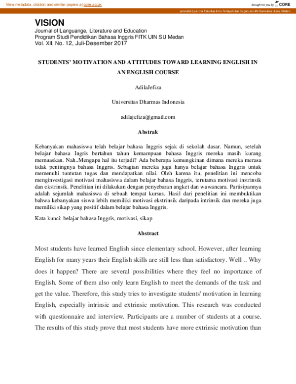(PDF) Students’ Motivation and Attitudes Toward Learning English in an English Course