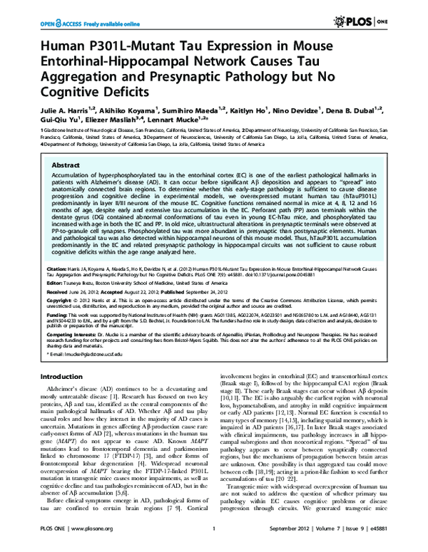(PDF) Human P301L-Mutant Tau Expression in Mouse Entorhinal-Hippocampal ...